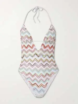 Missoni Striped Metallic Crochet-knit Halterneck Swimsuit - White