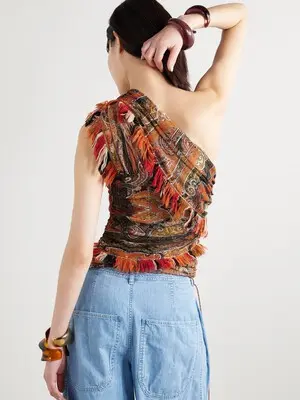 Isabel Marant Devona One-shoulder Fringed Wrap-effect Paisley-print Mesh Tank - Burgundy