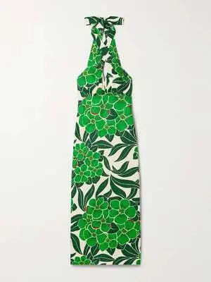 Cara Cara Perla Printed Linen Halterneck Midi Dress