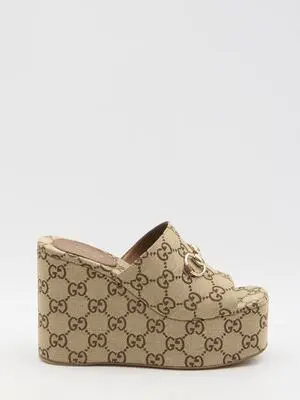 Gucci Gucci GG Fabric Wedge Sandals - Beige