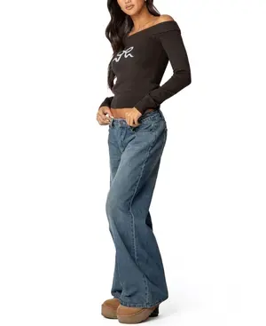 EDIKTED Tj Off-the-shoulder Knit Top With Bow Detail - Dark Gray