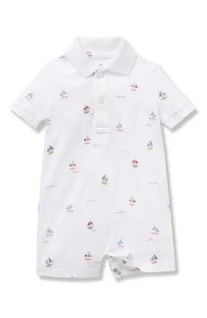 PETITE PLUME Sailboat Print Pima Cotton Polo Romper - White