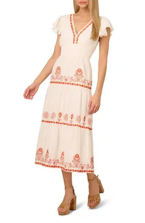 Adrianna Papell Embroidered Cotton Maxi Dress - Ivory/ Red Multi