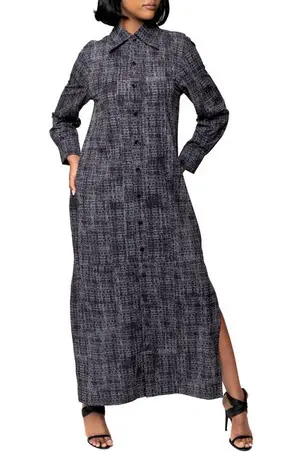 DAI MODA Bali Abstract Print Long Sleeve Double Slit Maxi Shirtdress - Charcoal