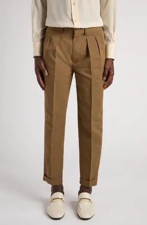 TOM FORD Fluid Double Pleat Cotton & Silk Poplin Pants - Chestnut