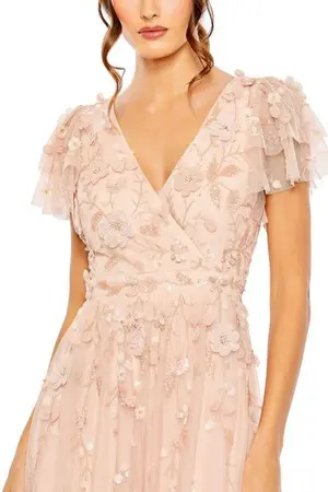 Mac Duggal Ruffle Tiered Embellished Faux Wrap Flutter Sleeve Gown - Blush