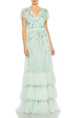 Mac Duggal Ruffle Tiered Embellished Faux Wrap Flutter Sleeve Gown - Seafoam