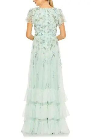Mac Duggal Ruffle Tiered Embellished Faux Wrap Flutter Sleeve Gown - Seafoam