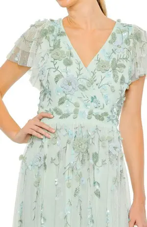 Mac Duggal Ruffle Tiered Embellished Faux Wrap Flutter Sleeve Gown - Seafoam