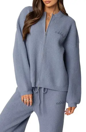 EDIKTED Kris Crewneck Zip Sweater - Blue