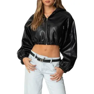 EDIKTED Crop Faux Leather Hooded Jacket