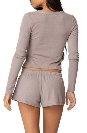 EDIKTED Keely Pointelle Henley Top - Brown