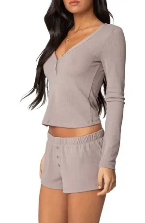 EDIKTED Keely Pointelle Henley Top - Brown