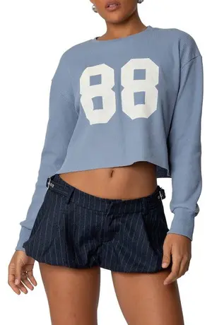 EDIKTED 88 Long Sleeve Crop Knit Top - Blue