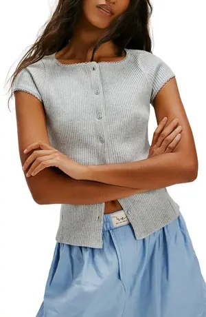 Free People Short Sleeve Cotton-blend Cardigan - Heather Grey