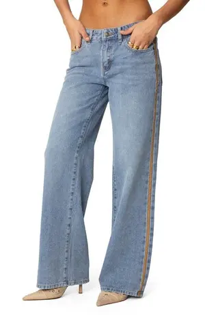 EDIKTED Faux Suede Stripe Wide Leg Jeans - Blue