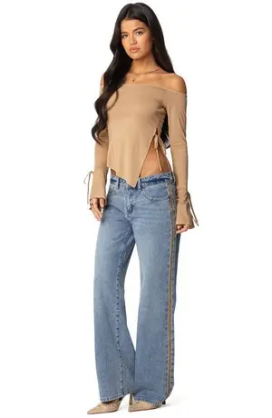 EDIKTED Faux Suede Stripe Wide Leg Jeans - Blue