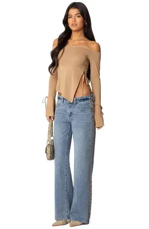 EDIKTED Faux Suede Stripe Wide Leg Jeans - Blue