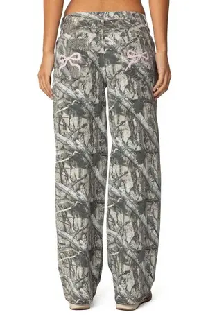 EDIKTED Camo Print Low Rise Wide Leg Jeans