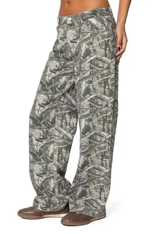 EDIKTED Camo Print Low Rise Wide Leg Jeans