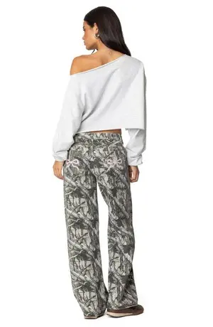 EDIKTED Camo Print Low Rise Wide Leg Jeans