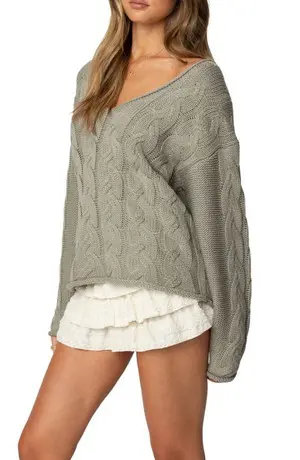 EDIKTED Inga Oversized Cable Knit V-neck Sweater - Olive