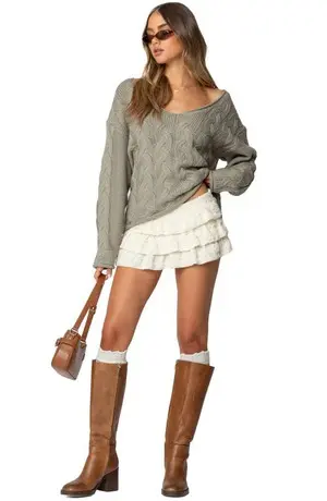 EDIKTED Inga Oversized Cable Knit V-neck Sweater - Olive