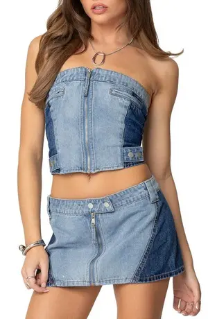 EDIKTED Reni Contrast Denim Corset Top