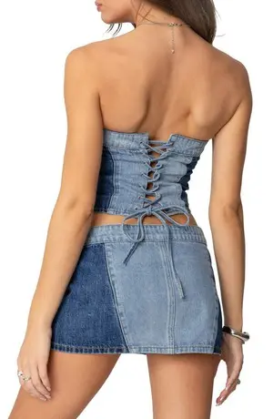 EDIKTED Reni Contrast Denim Corset Top