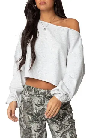 EDIKTED Avenline One-shoulder Sweatshirt - Gray-melange