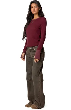 EDIKTED Waffle Long Sleeve T-shirt - Burgundy