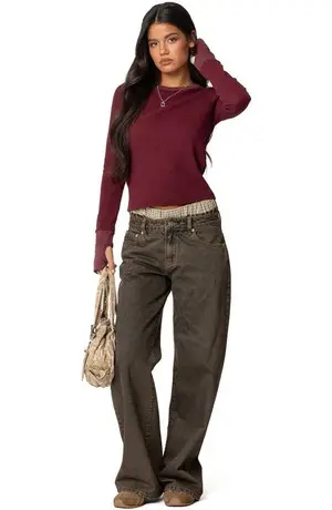 EDIKTED Waffle Long Sleeve T-shirt - Burgundy