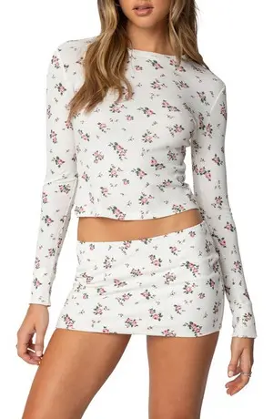 EDIKTED Melany Floral Waffle Long Sleeve T-shirt