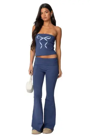 EDIKTED Aiyana Bow Crop Stretch Cotton Tube Top - Blue