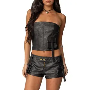 EDIKTED Ryan Faux Leather Cargo Corset Top - Black
