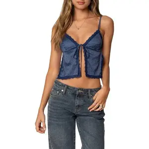 EDIKTED Polka Dot Lace Trim Satin Camisole - Navy