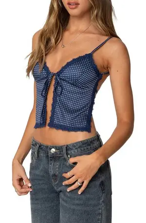 EDIKTED Polka Dot Lace Trim Satin Camisole - Navy