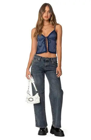 EDIKTED Polka Dot Lace Trim Satin Camisole - Navy