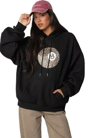 EDIKTED Leopard Eight-ball Graphic Oversized Hoodie - Black