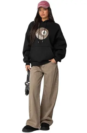 EDIKTED Leopard Eight-ball Graphic Oversized Hoodie - Black