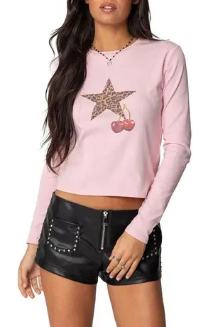 EDIKTED Cherry Leopard Star Long Sleeve Top - Pink