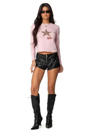 EDIKTED Cherry Leopard Star Long Sleeve Top - Pink