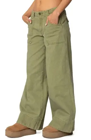 EDIKTED Vivienne Low Rise Baggy Twill Pants - Olive