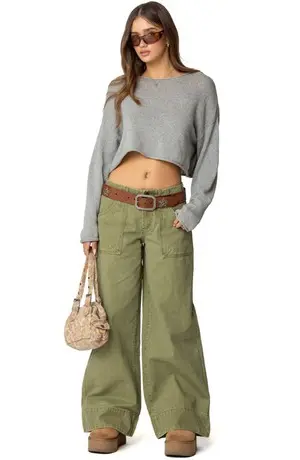 EDIKTED Vivienne Low Rise Baggy Twill Pants - Olive