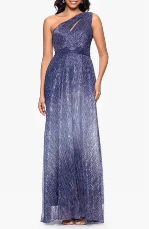 Betsy & Adam Ombré Crinkle Metallic One-shoulder Gown
