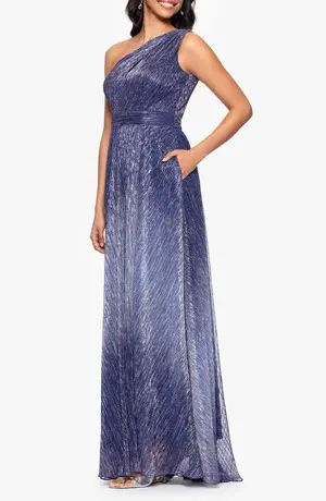Betsy & Adam Ombré Crinkle Metallic One-shoulder Gown