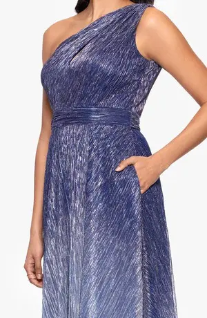Betsy & Adam Ombré Crinkle Metallic One-shoulder Gown