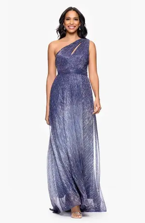Betsy & Adam Ombré Crinkle Metallic One-shoulder Gown