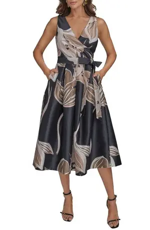 Donna Karan New York Floral Faux Wrap Cocktail Dress - Black/fawn Multi