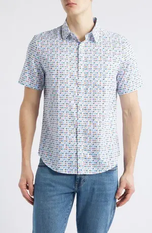 Johnston & Murphy Rooster Print Short Sleeve Button-up Shirt - White Multi